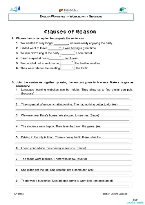 Clauses of Reason 10th. Interactive worksheet | TopWorksheets