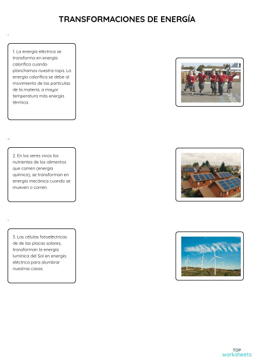 TRANSFORMACIONES DE ENERGÍA. Ficha interactiva | TopWorksheets