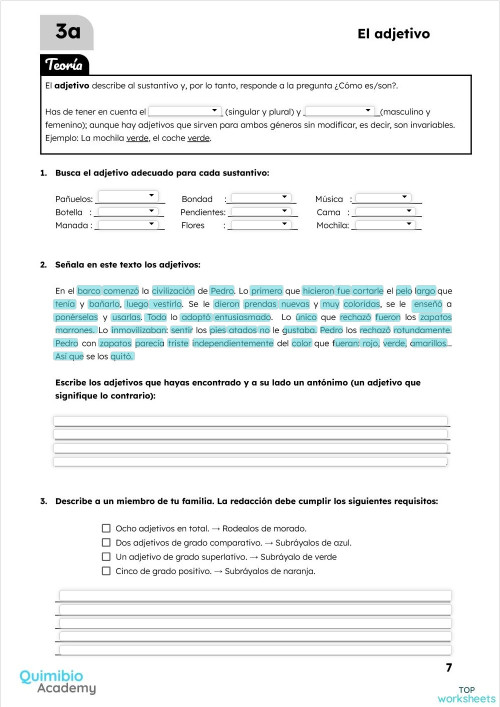 Adjetivos: fichas interactivas y ejercicios online | TopWorksheets