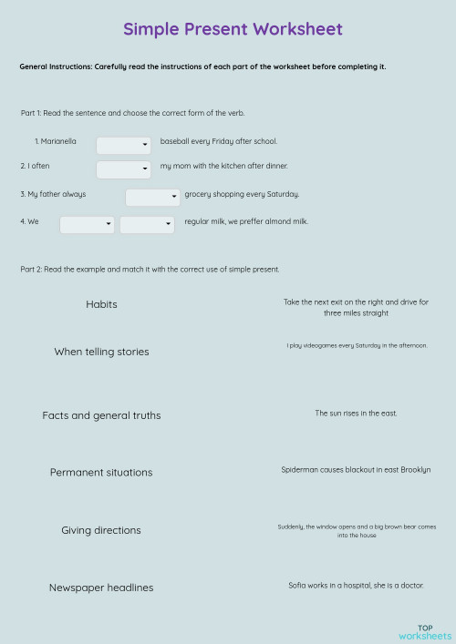Simple Present Worksheet. Interactive worksheet | TopWorksheets