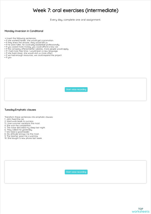 Week 7: oral exercises (intermediate). Interactive worksheet ...