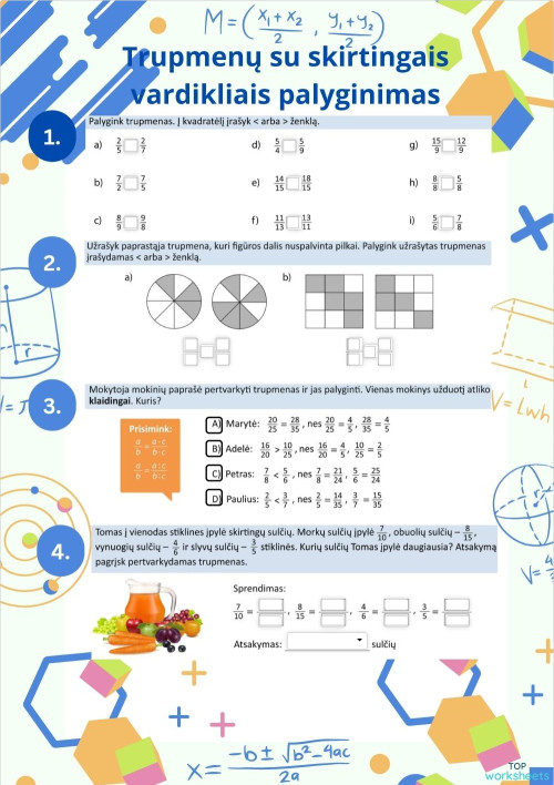 Trupmenų su skirtingais vardikliais palyginimas. Interactive worksheet | TopWorksheets