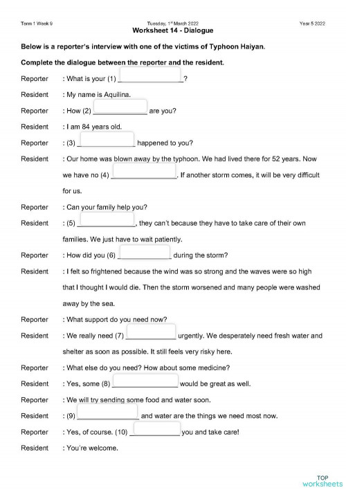 Worksheet 14 - Dialogue. Interactive worksheet | TopWorksheets