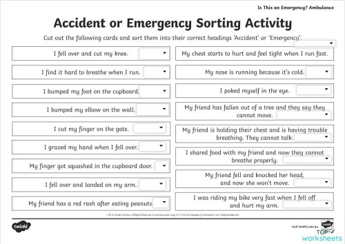 Accident or Emergency Sorting. Interactive worksheet | TopWorksheets
