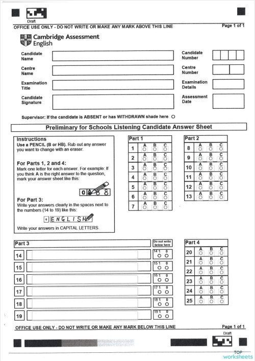 B1 Answer sheet Test 1 LISTENING. Interactive worksheet | TopWorksheets