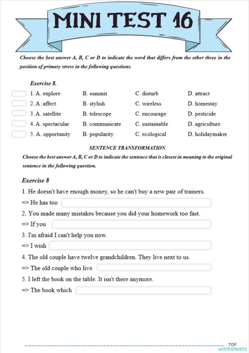 MINI TEST 16. Interactive worksheet | TopWorksheets