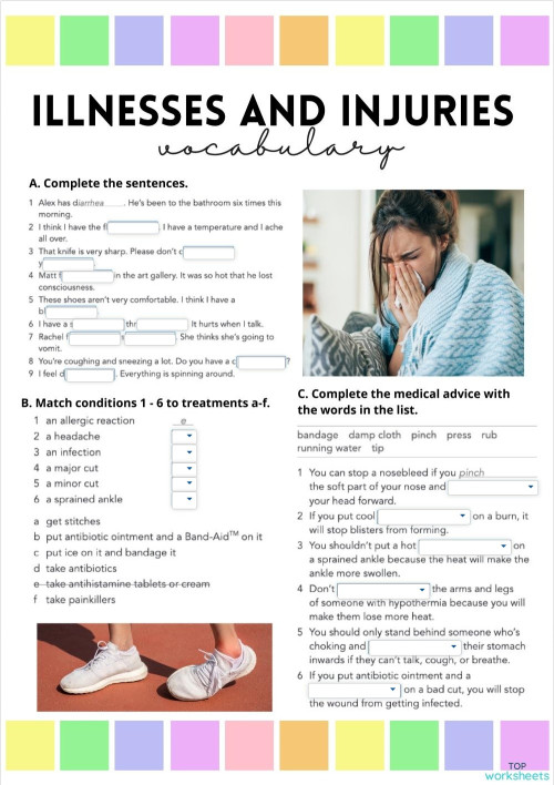 VOCABULARY: ILLNESSES AND INJURIES. Interactive worksheet | TopWorksheets