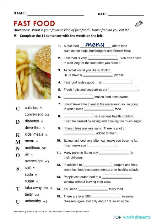 Fast Food Vocabulary. Interactive worksheet | TopWorksheets