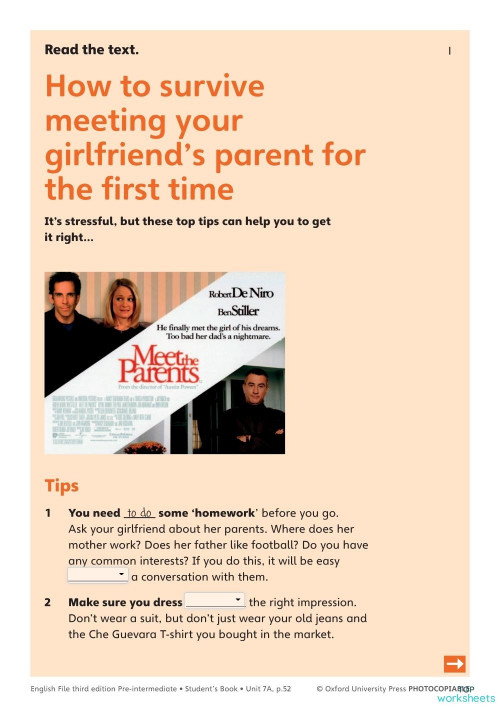 How to... meet your girlfriend's parents text. Interactive worksheet ...