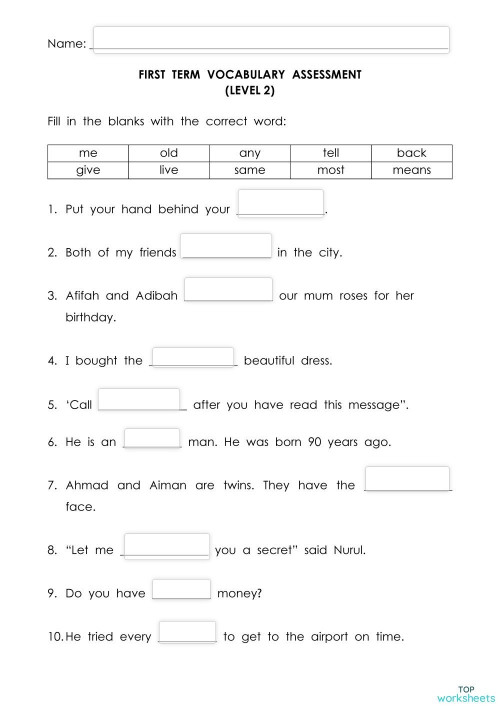 Vocabulary Assessment 3. Interactive worksheet | TopWorksheets