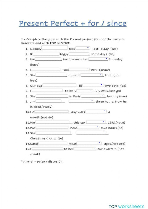 Present perfect simple with for or since. Interactive worksheet ...