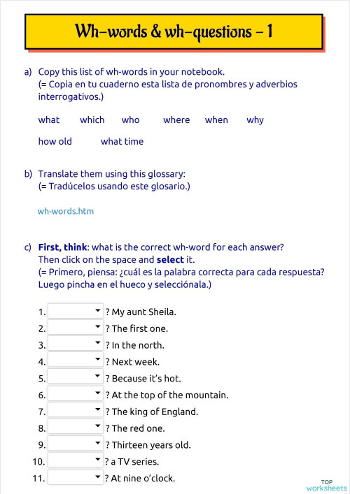 Wh- words and wh- questions 1. Interactive worksheet | TopWorksheets