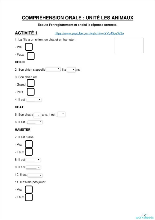 COMPRÉHENSION ORALE: LES ANIMAUX. Ficha interactiva | TopWorksheets