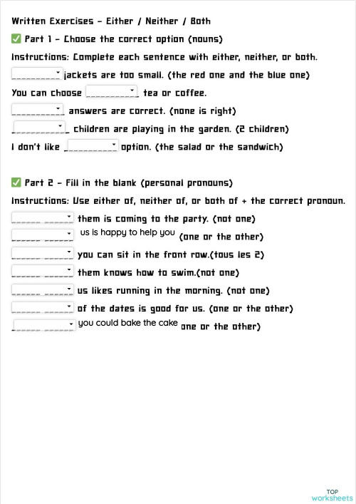 either/netiher/both exercises B1b2. Interactive worksheet | TopWorksheets