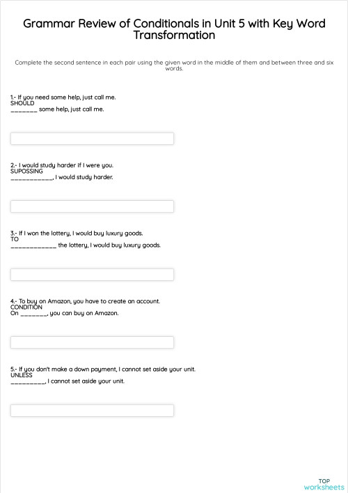 Grammar Review of Conditionals in Unit 5 with Key Word Transformation ...