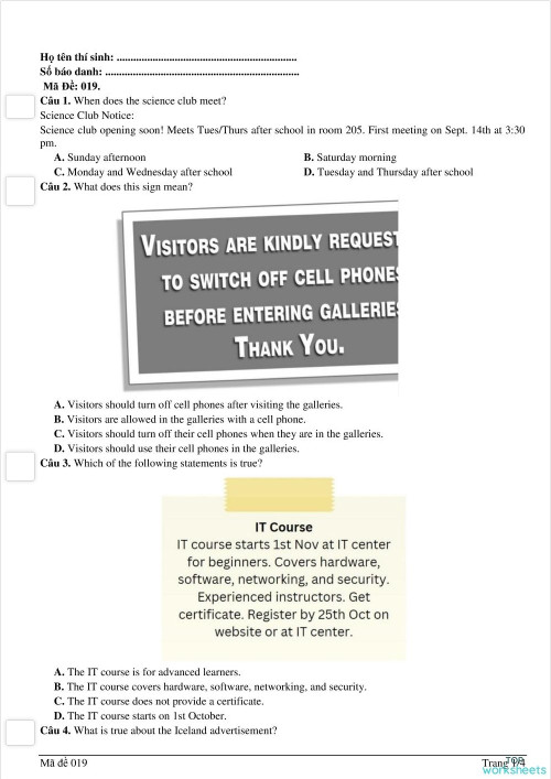 TEST 19 - SIGNS. Interactive worksheet | TopWorksheets