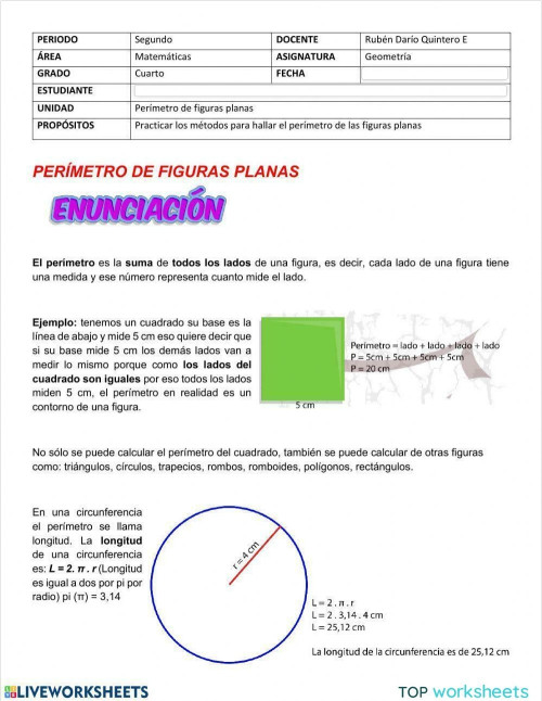 Perimetro de figuras planas. Ficha interactiva | TopWorksheets