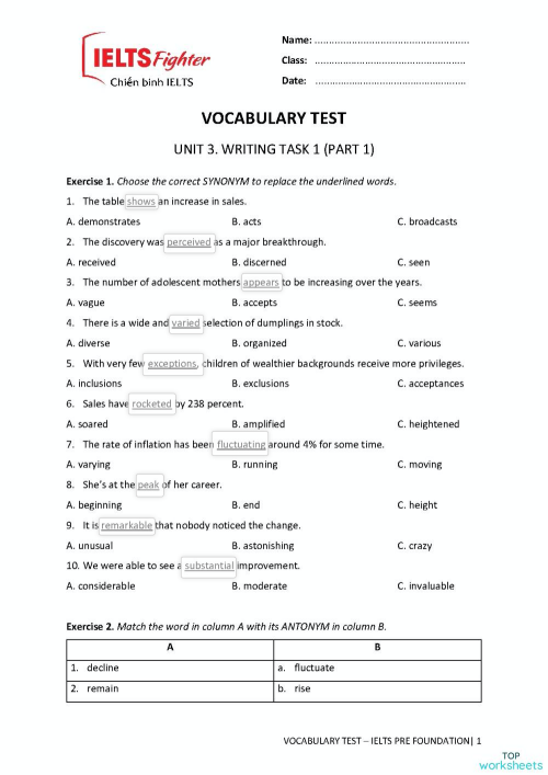 PreF Vocab Test 3. Interactive worksheet | TopWorksheets
