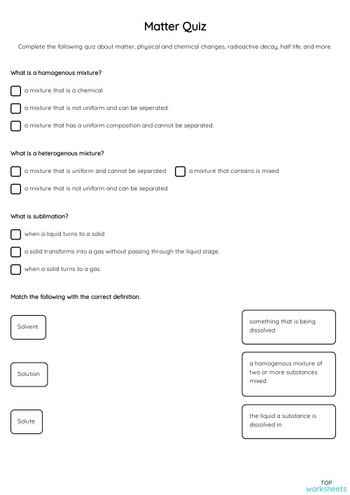 Matter Quiz. Interactive worksheet | TopWorksheets
