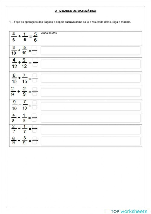 Operações com frações. Ficha interativa | TopWorksheets