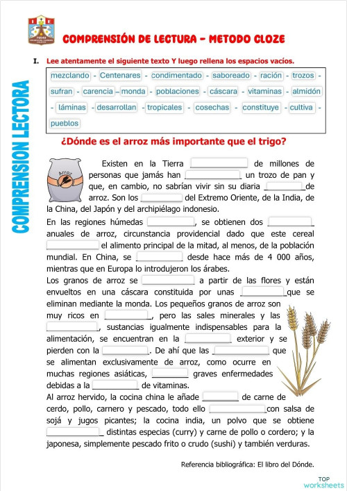 Comprensión de Lectura - Método Cloze. Ficha interactiva | TopWorksheets