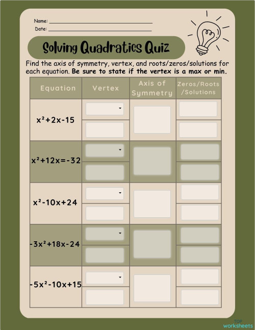 Solving Quadratics Quiz. Interactive worksheet | TopWorksheets