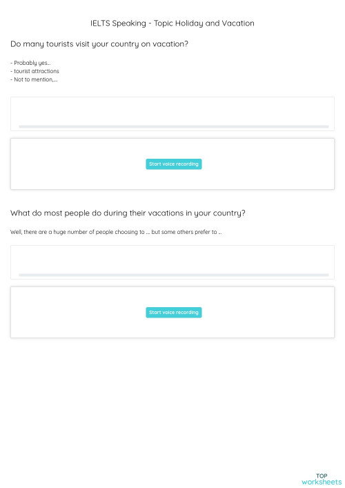 IELTS Speaking - Topic Holiday and Vacation. Interactive worksheet ...