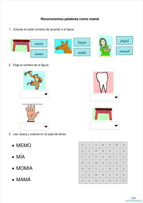 Reconocemos palabras como mamá. Ficha interactiva | TopWorksheets