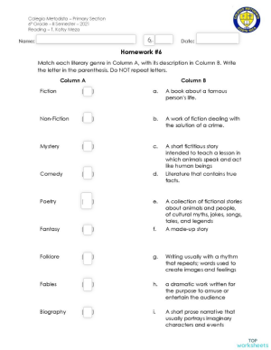 HW #6 - Literary Genres. Interactive worksheet | TopWorksheets