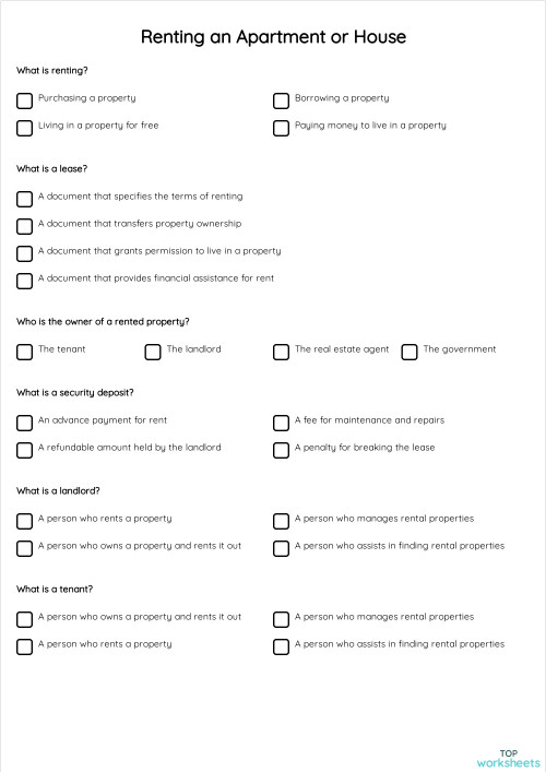 Renting an Apartment or House. Interactive worksheet | TopWorksheets