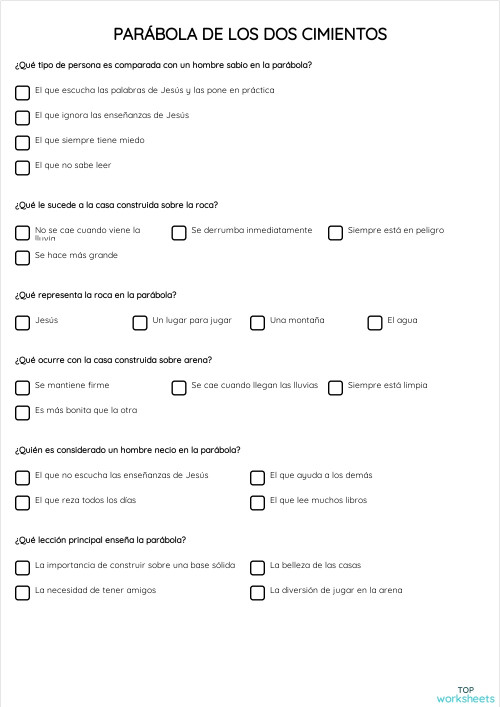 PARÁBOLA DE LOS DOS CIMIENTOS. Ficha interactiva | TopWorksheets