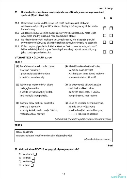 Čeština: interaktivní pracovní listy a online cvičení | TopWorksheets