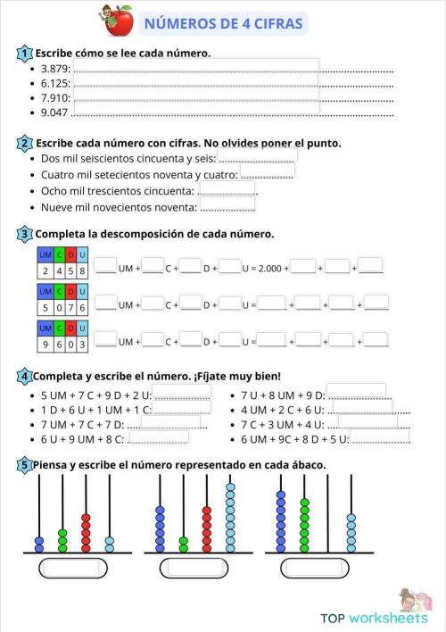 NÚMEROS DE 4 CIFRAS. Ficha interactiva | TopWorksheets