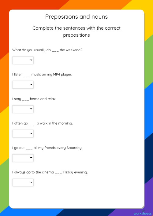 Prepositions and nouns. Interactive worksheet | TopWorksheets