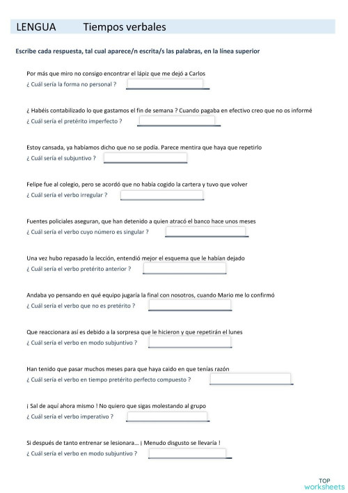 Lengua Tiempos verbales IV. Ficha interactiva | TopWorksheets