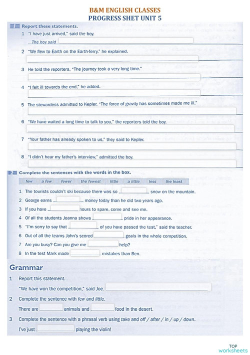 PROGRESS SHEET UNIT 5. Interactive worksheet | TopWorksheets