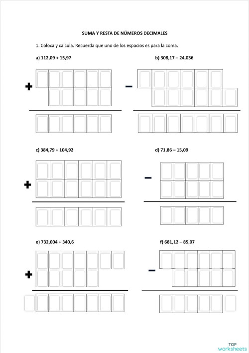 Suma y restas de decimales. Ficha interactiva | TopWorksheets