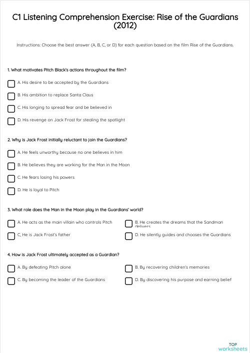 C1 Listening Comprehension Exercise: Rise of the Guardians (2012 ...