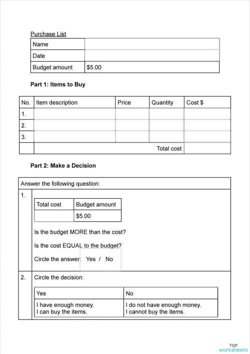 Making $5.00 Budget Shopping List. Interactive worksheet | TopWorksheets
