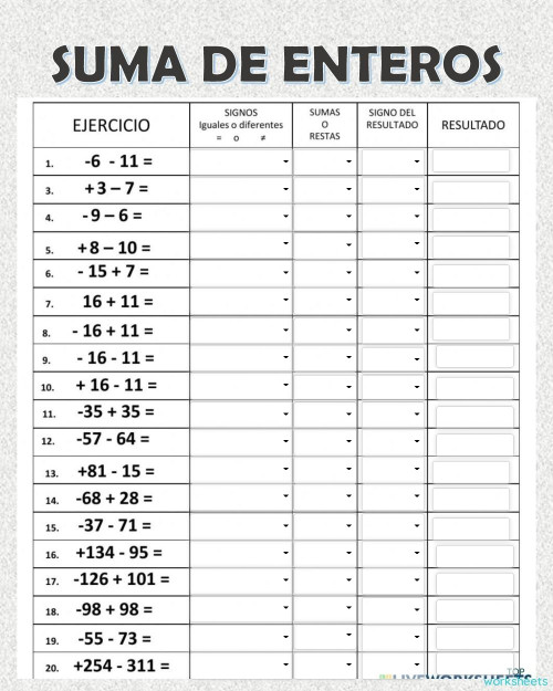 SUMA DE NÚMEROS ENTEROS. Ficha interactiva | TopWorksheets