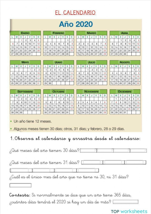 El calendario. Ficha interactiva | TopWorksheets