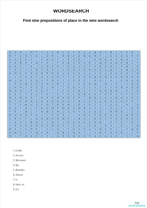 Prepositions word search. Interactive worksheet | TopWorksheets