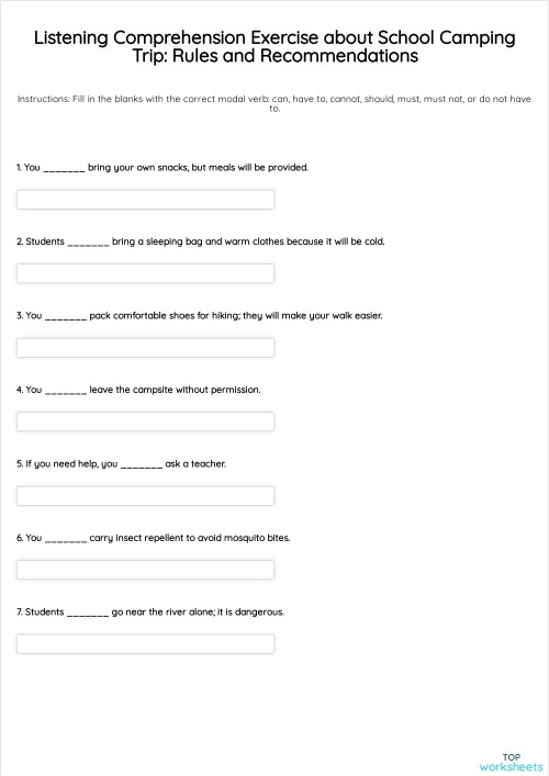 Listening Comprehension Exercise about School Camping Trip: Rules and ...