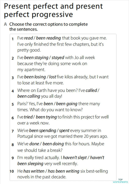 present perfect simple and progressive. Interactive worksheet ...