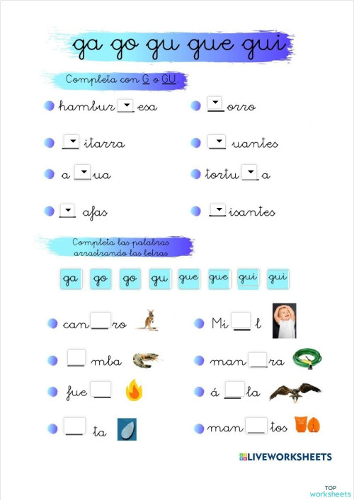 Ficha ga, go, gu, gue, gui. Ficha interactiva | TopWorksheets