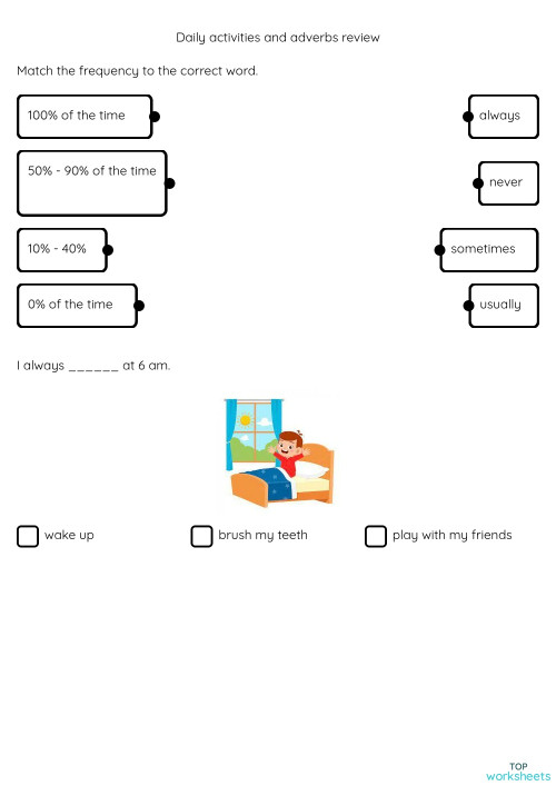 Daily activities and adverbs review. Interactive worksheet | TopWorksheets