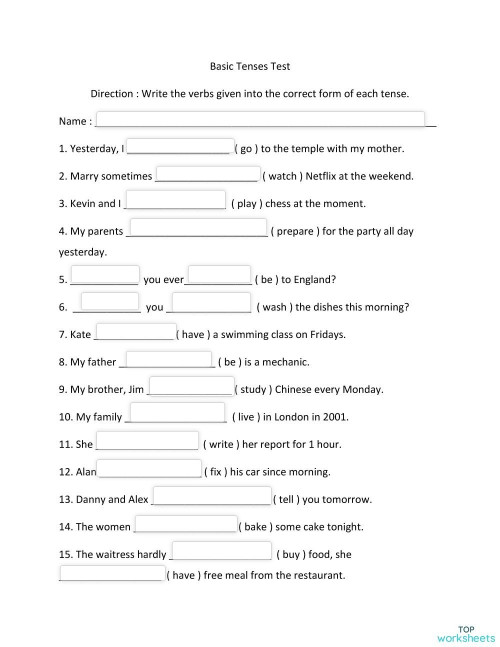 Basic Tenses Test. Interactive worksheet | TopWorksheets