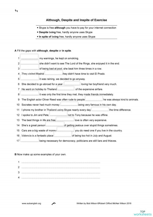 Although, Despite, In spite of. Interactive worksheet | TopWorksheets