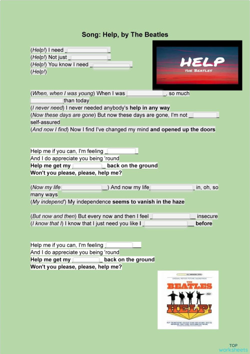 Help, by The beatles - comparative. Interactive worksheet | TopWorksheets