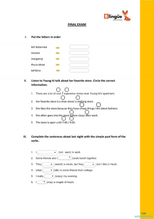 FINAL EXAM - ENGLISH V. Interactive worksheet | TopWorksheets